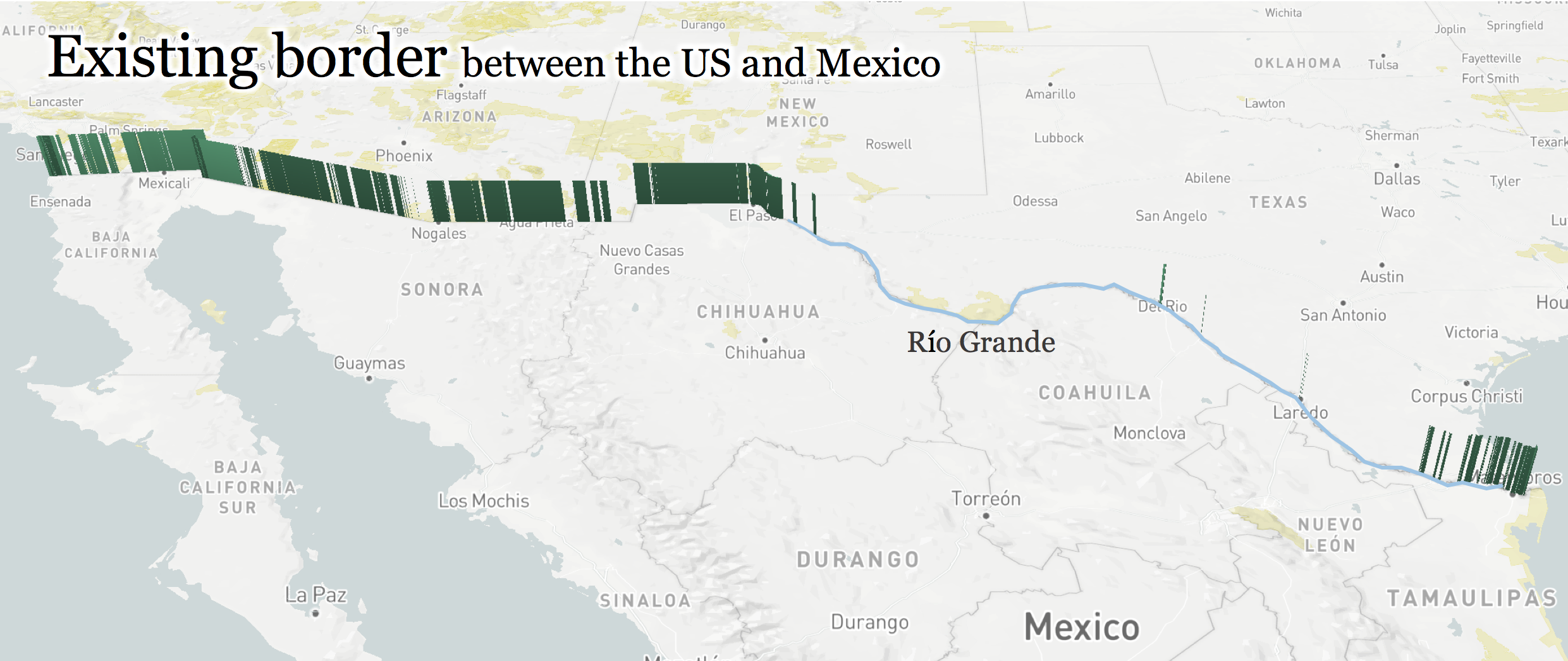 Existing border between the US and Mexico