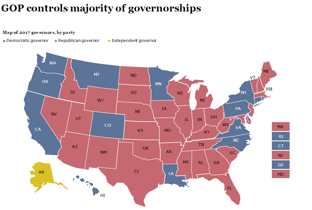 Map of 2017 governors by party