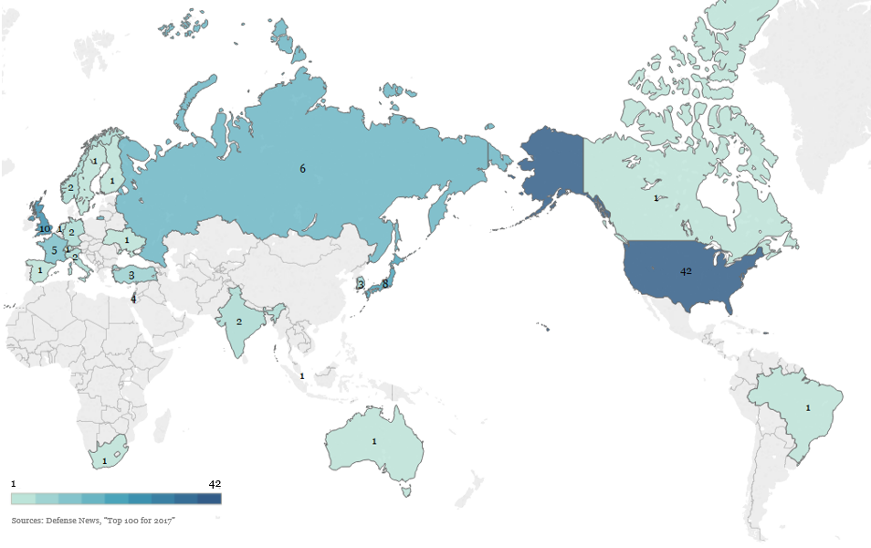 A map of the 2017 top 100 defense companies by country