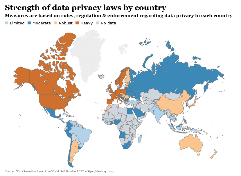 Strength of data privacy laws by country